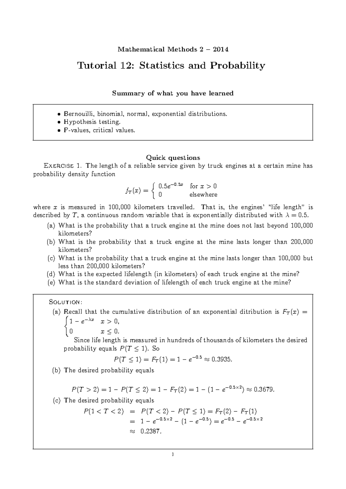 Tutorial work - tutorial 12: statistics and probability - Mathematical ...