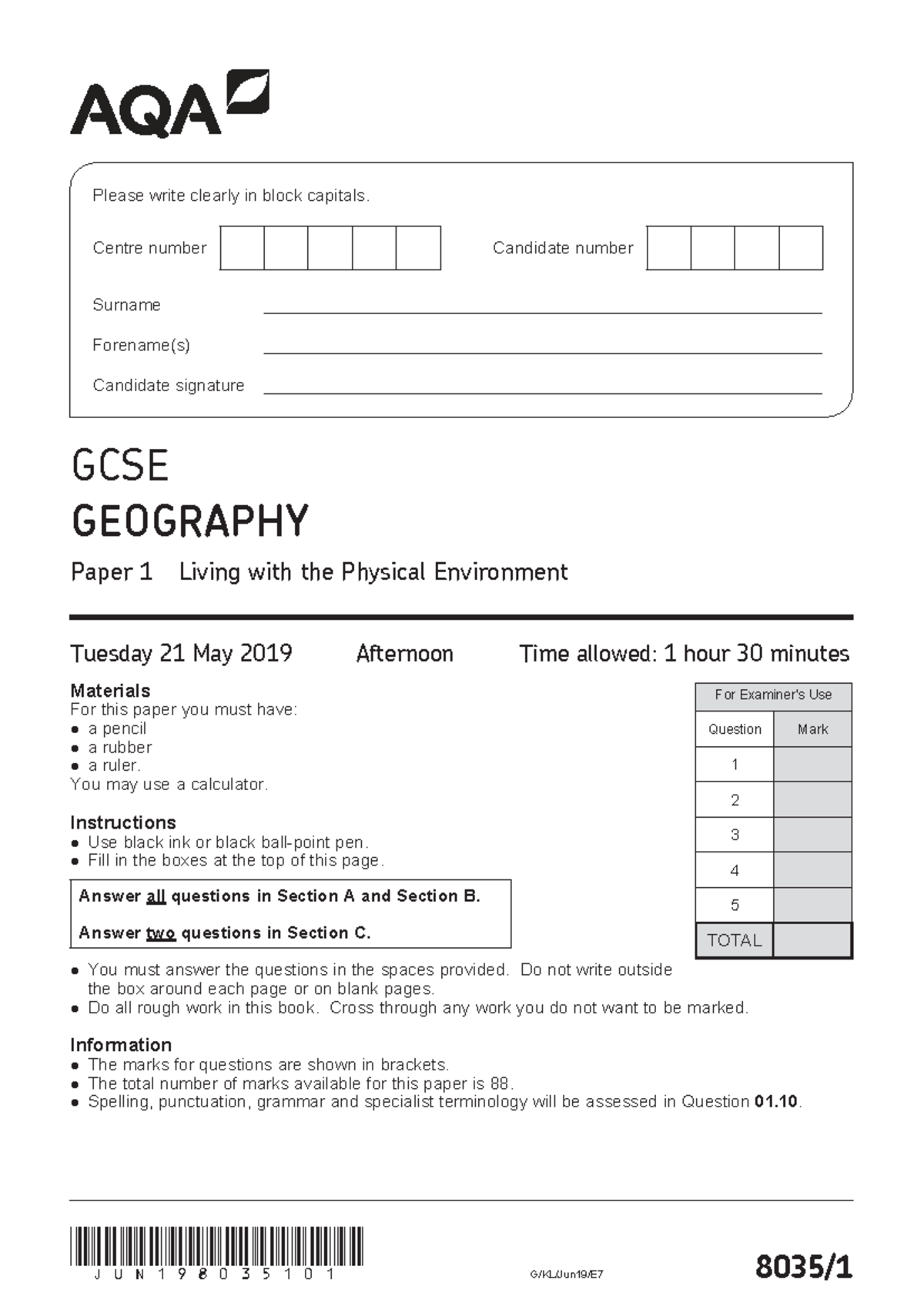 GCSE GEOGRAPHY Paper 1: Living with the Physical Environment (2019 ...