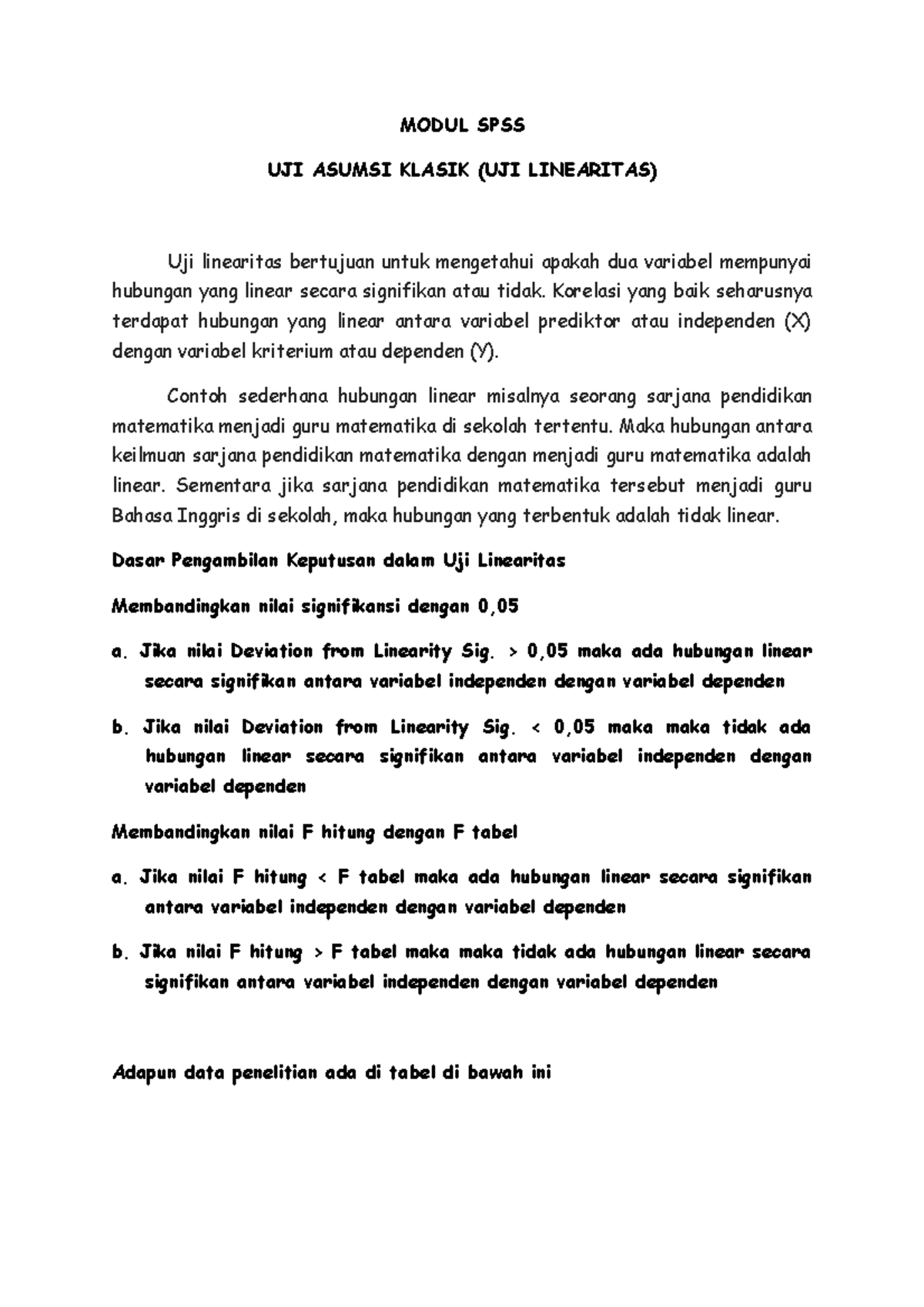 Uji Linearitas: Analisis Hubungan Variabel dengan SPSS - Studocu