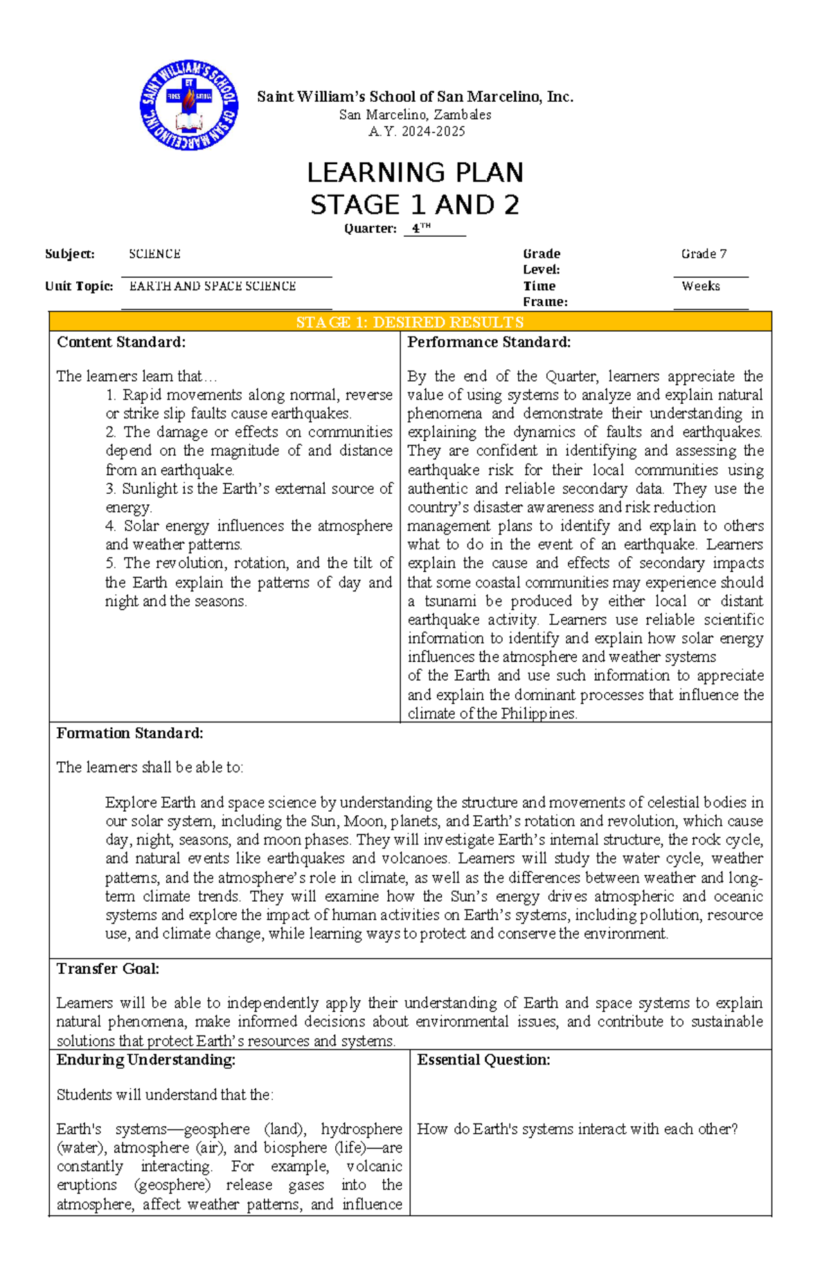Q4 Learning Plan Stage 1 & 2: Earth and Space Science - Grade 7 - Studocu