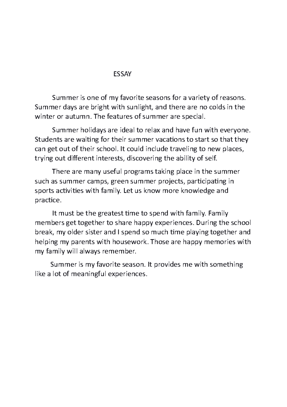 Essay on Why I Love Summer: A Reflection on Joyful Moments - Studocu