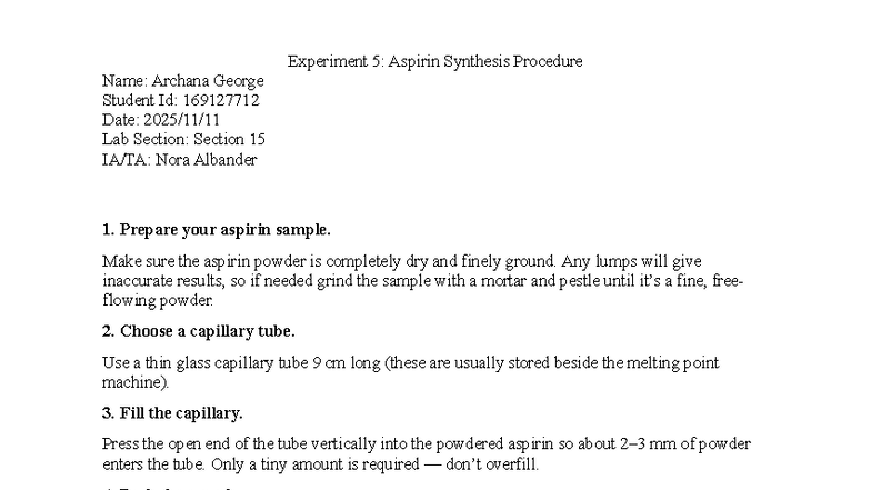 Aspirin Synthesis Lab Procedure (Experiment 5) - Studocu