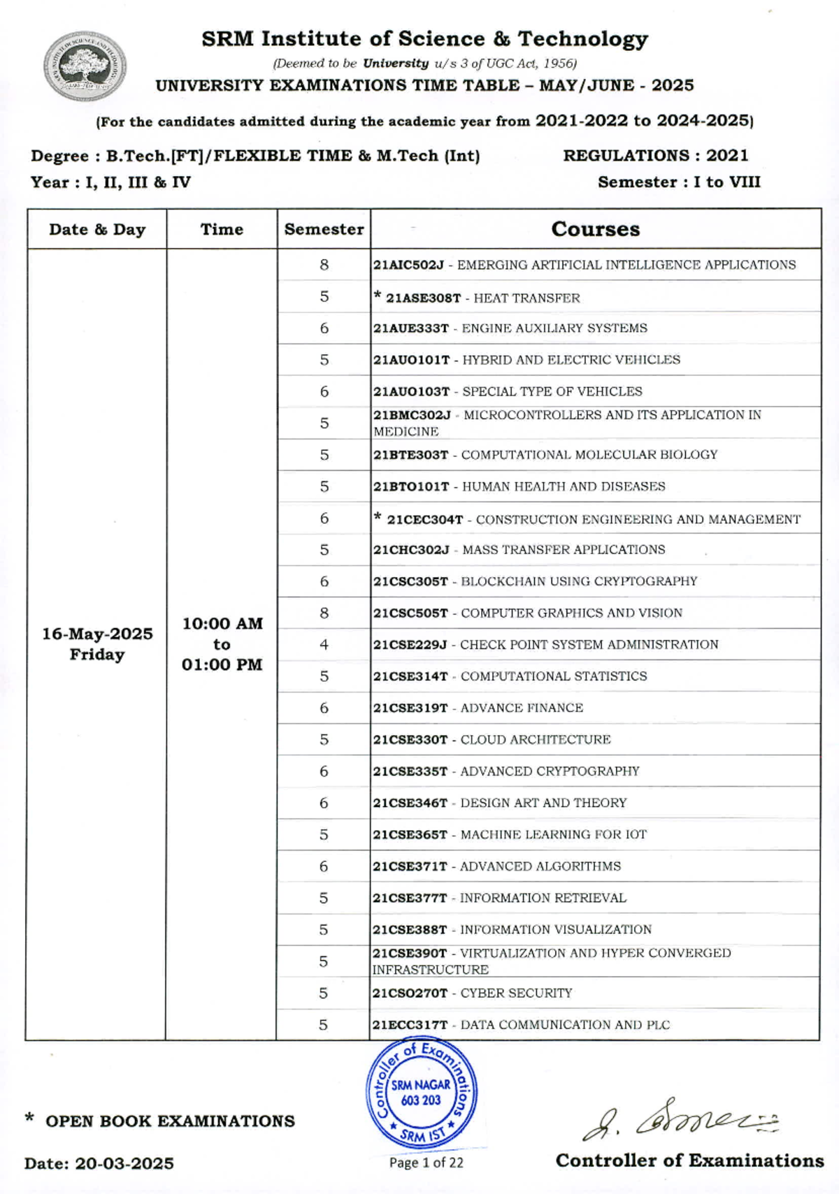 B.Tech & M.Tech (Int) Regulations 2021: Exam Timetable May-June 2025 - Studocu