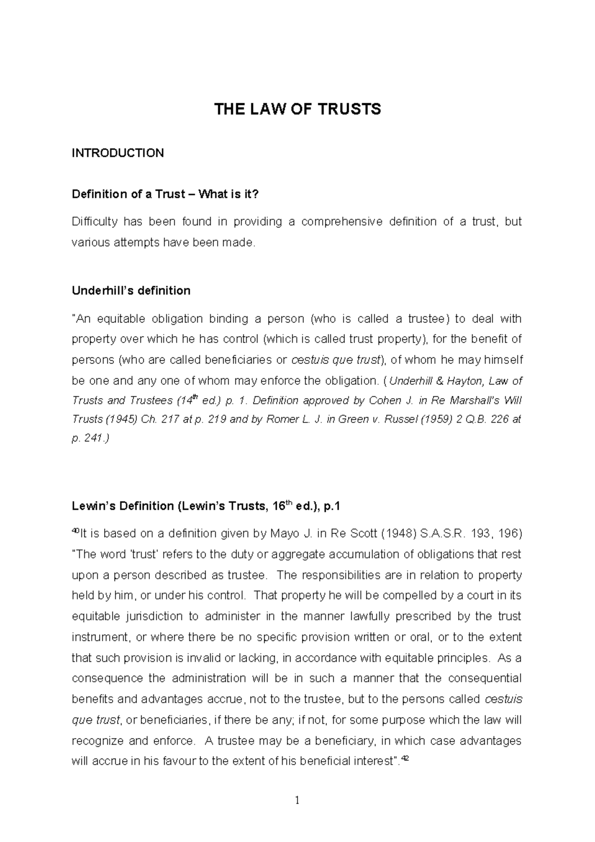 Law of Trusts: Comprehensive Notes and Definitions for Study - Studocu