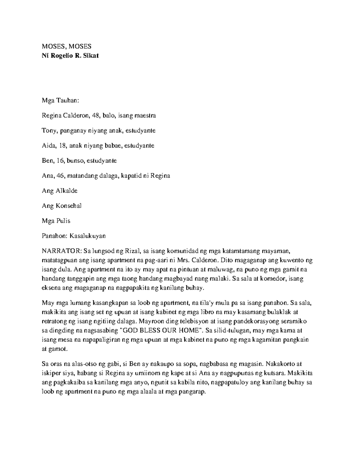 MOSES, MOSES: Script ng Dulang Isinulat ni Rogelio R. Sikat - Studocu