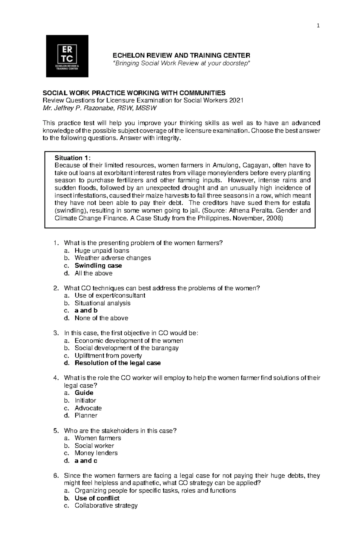 ECHELON REVIEW AND TRAINING CENTER: Social Work Admin Licensure Exam Q ...