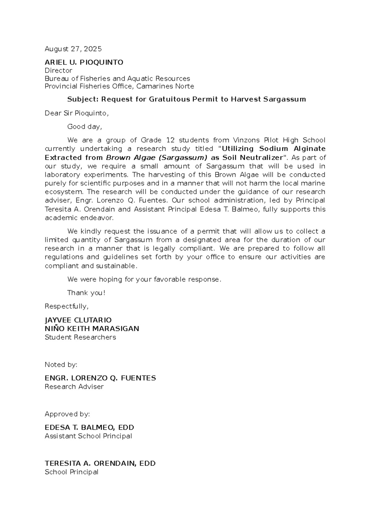 Request for Gratuitous Permit to Harvest Sargassum - Grade 12 Research ...