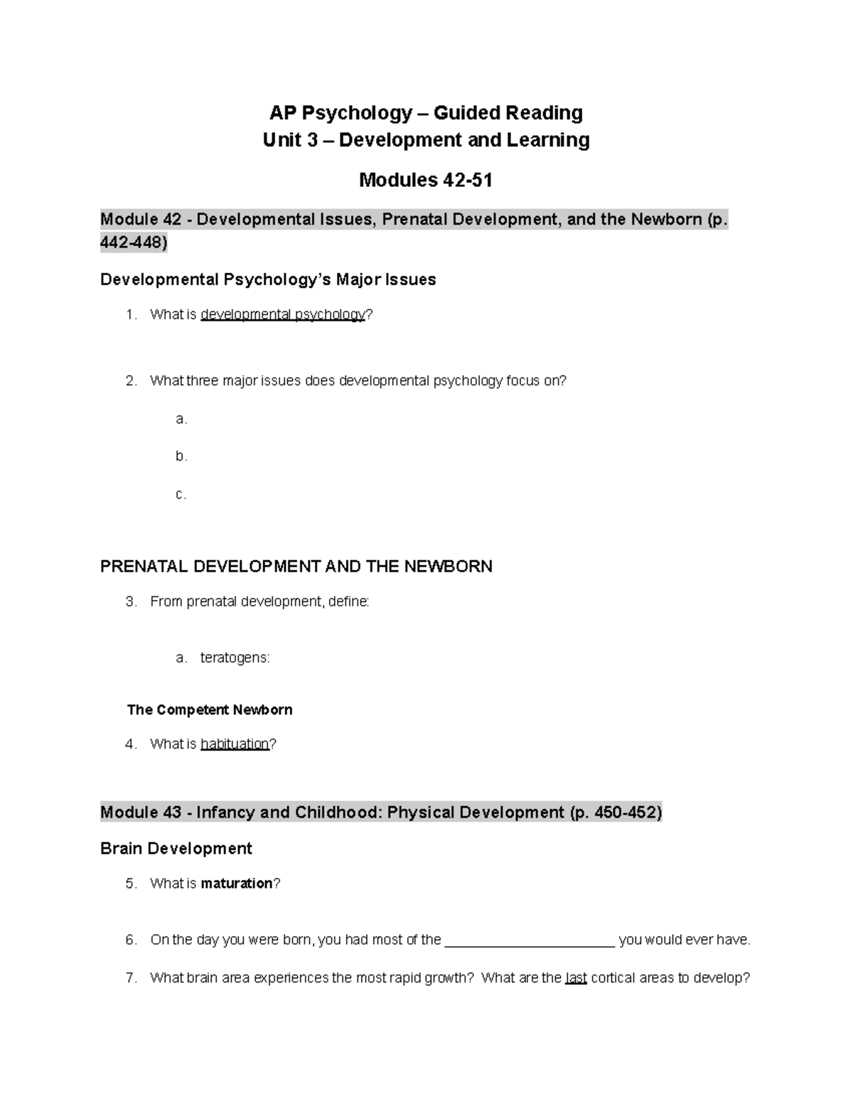 Unit 3 - Development and Learning: Guided Reading Questions for AP ...
