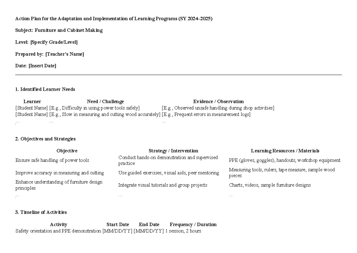 Action Plan for Adapting Learning Programs in Furniture & Cabinet ...