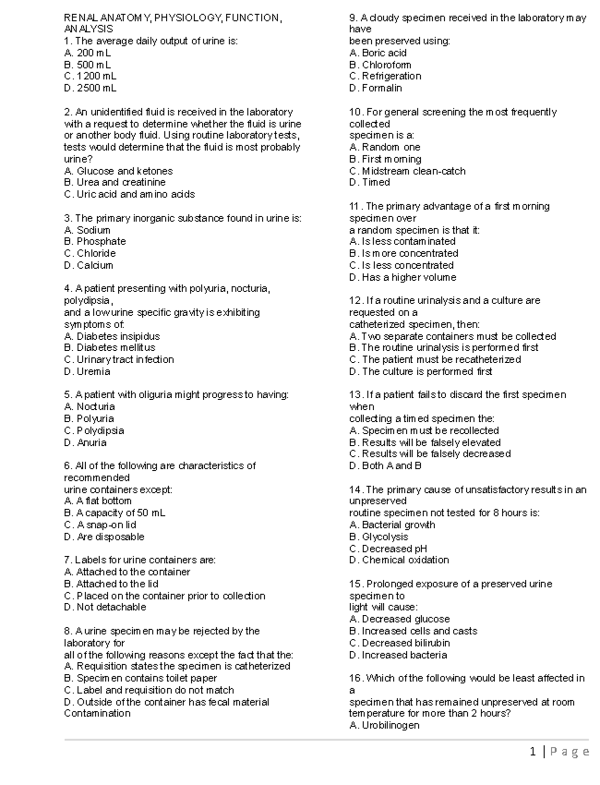 AUBF Study Questions on Renal Anatomy & Physiology Analysis - Studocu