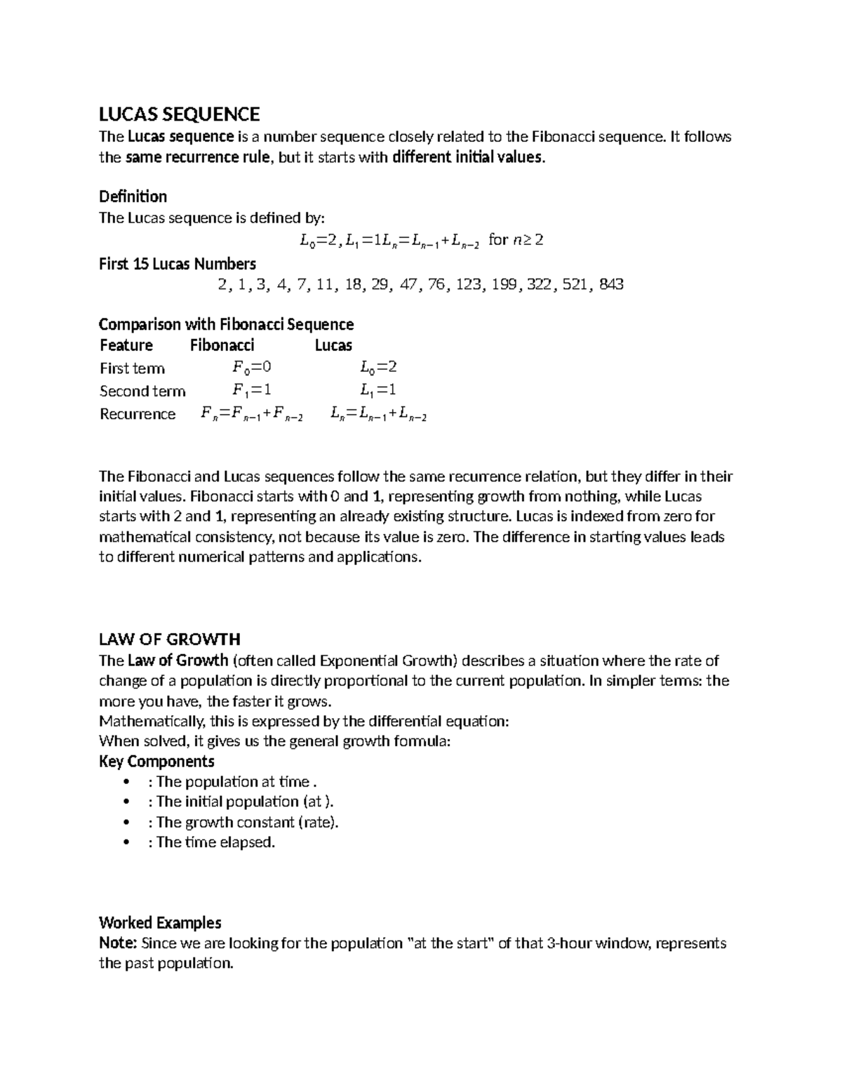 Lucas Sequence and Law of Growth Overview (MATH 101) - Studocu