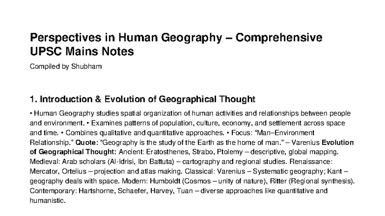 Perspectives in Human Geography UPSC Mains Comprehensive Notes - Studocu