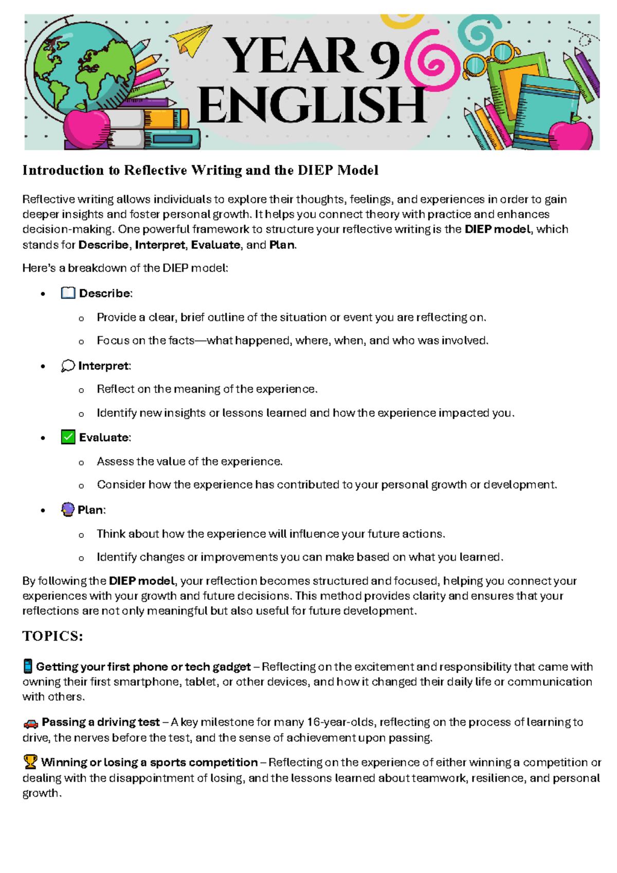 Introduction to Reflective Writing: Understanding the DIEP Model - Studocu
