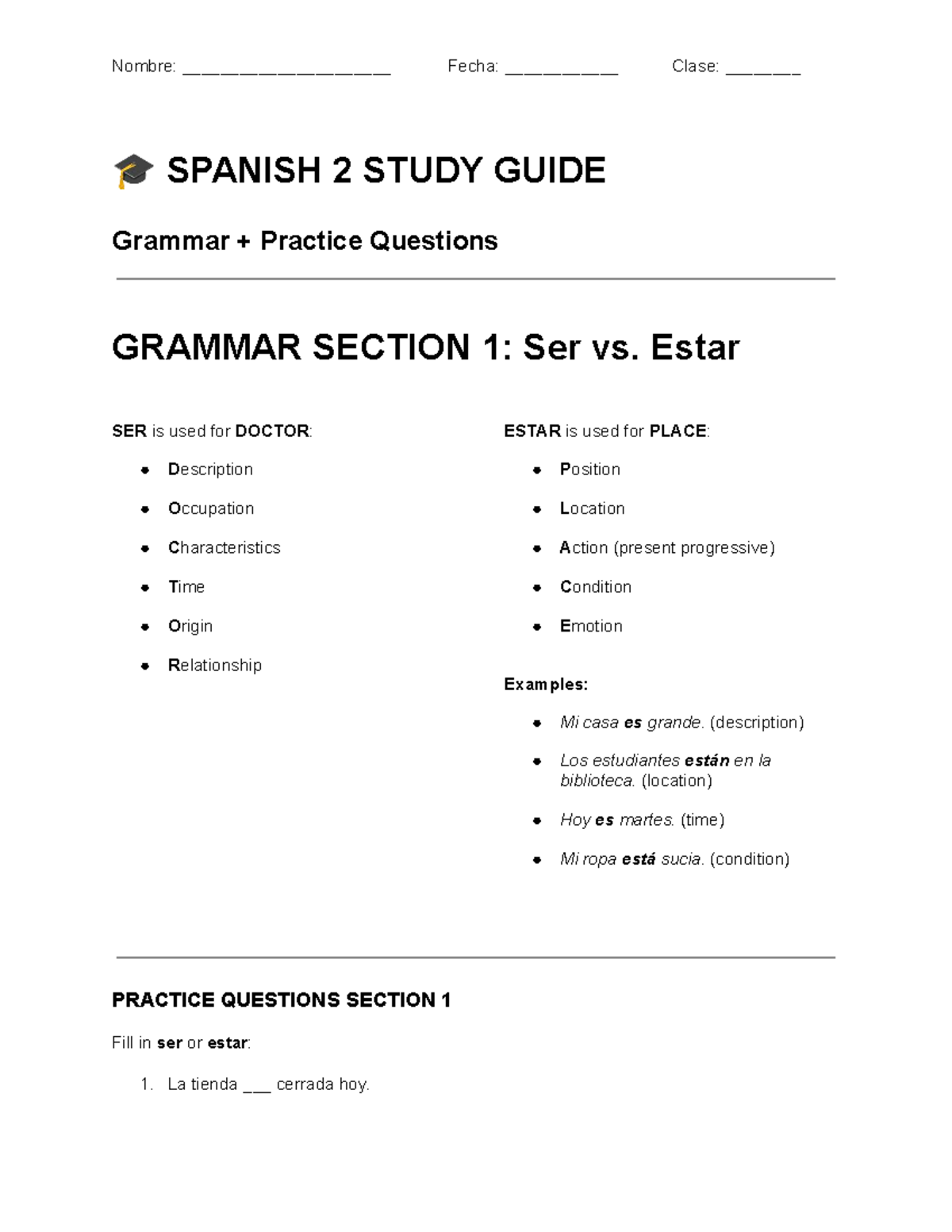 Spanish 2 Study Guide 1 - Grammar Practice Questions - Studocu