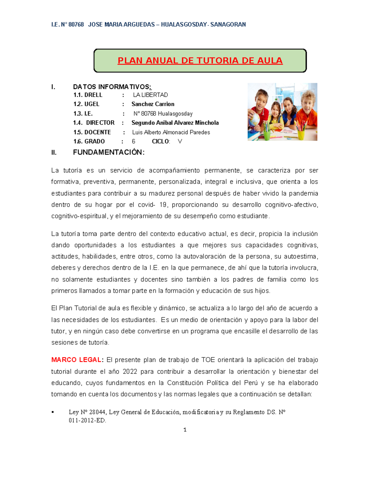 Plan Anual de Tutoría I.E. 80768 José María Arguedas 2022 - Studocu