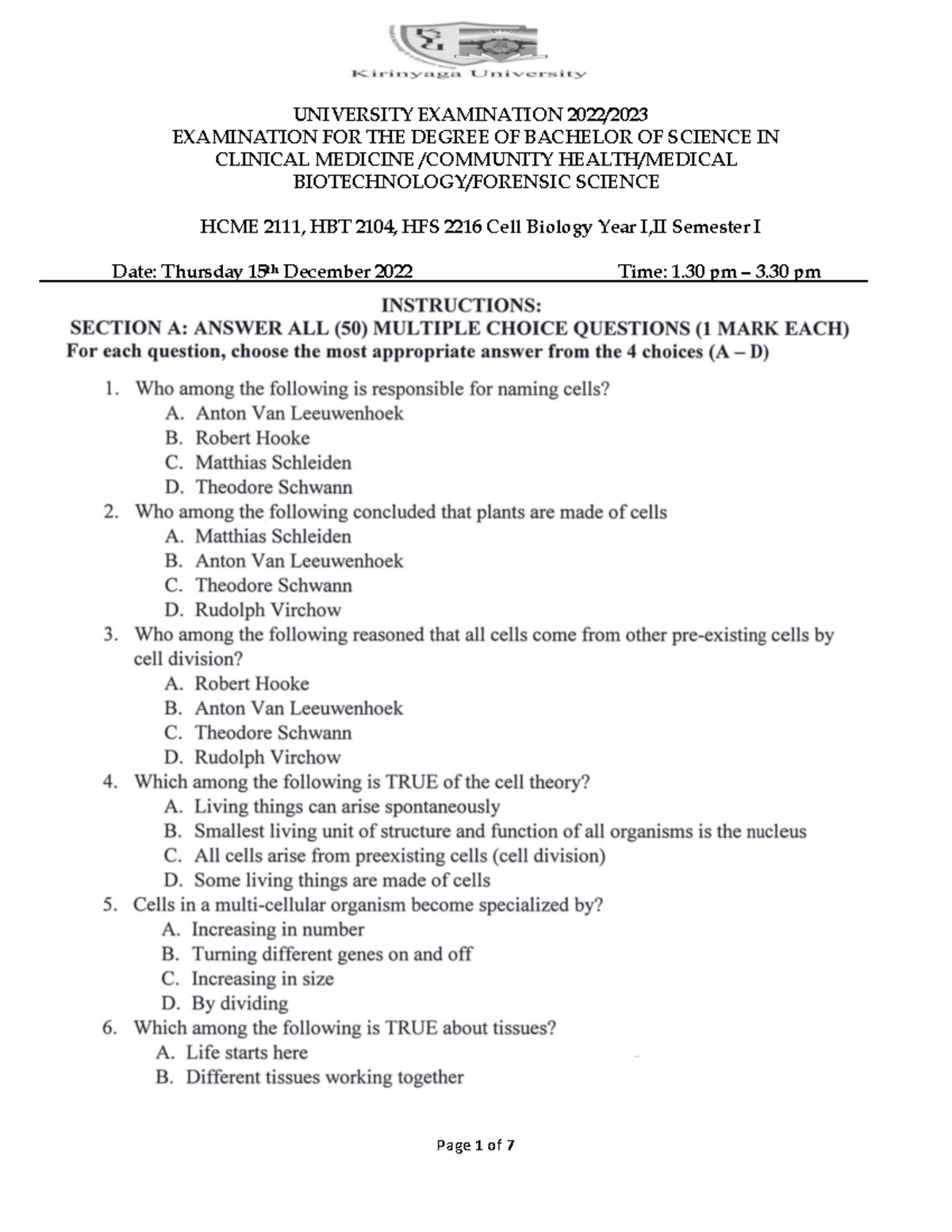 Cell Biology Year I,II Semester I-1 - UNIVERSITY EXAMINATION 20 22 /202 ...