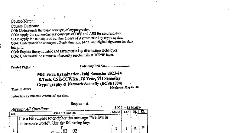 Mid Term Exam Notes: Cryptography & Network Security (BCSE1004) - Studocu