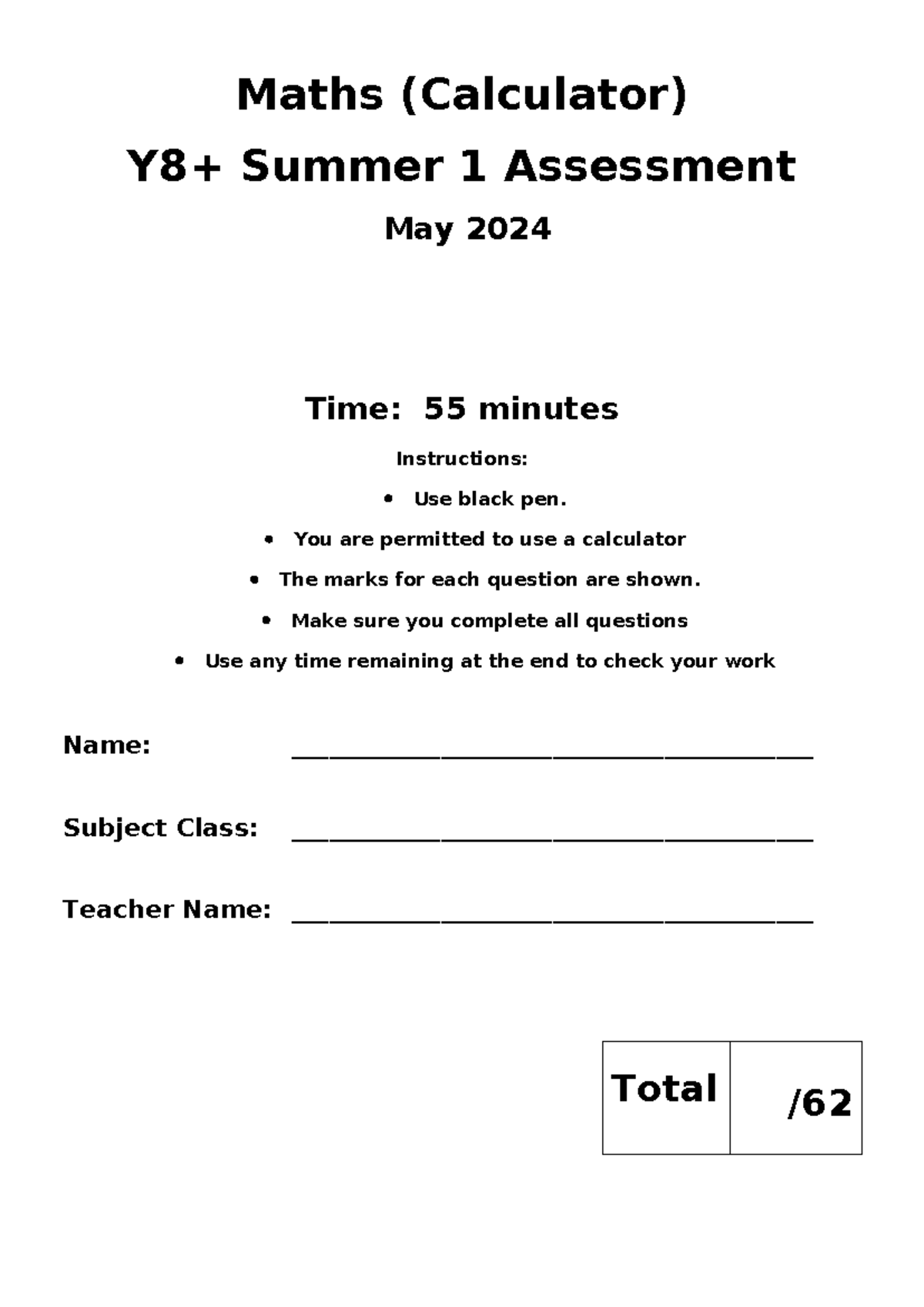 Y8 Maths Summer 1 Assessment May 2024 (with MS) - Studocu