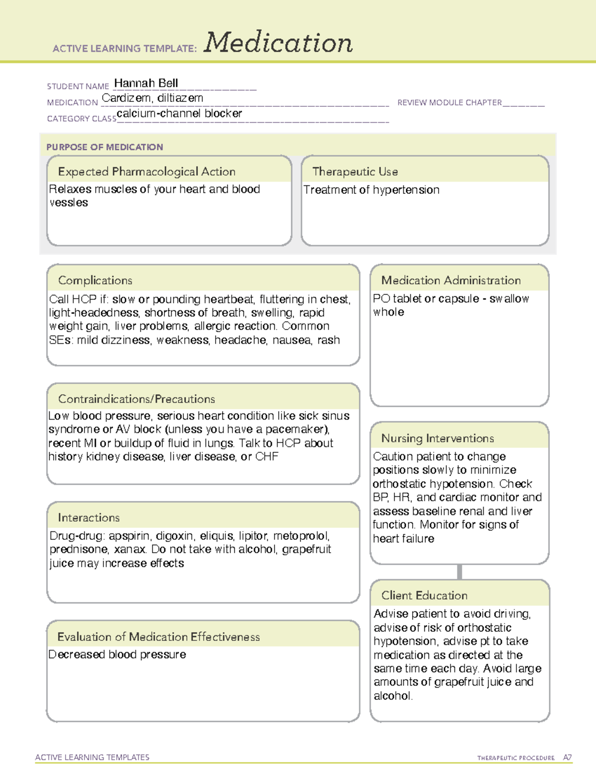 Cardizem - ATI Medication Template - ACTIVE LEARNING TEMPLATES ...