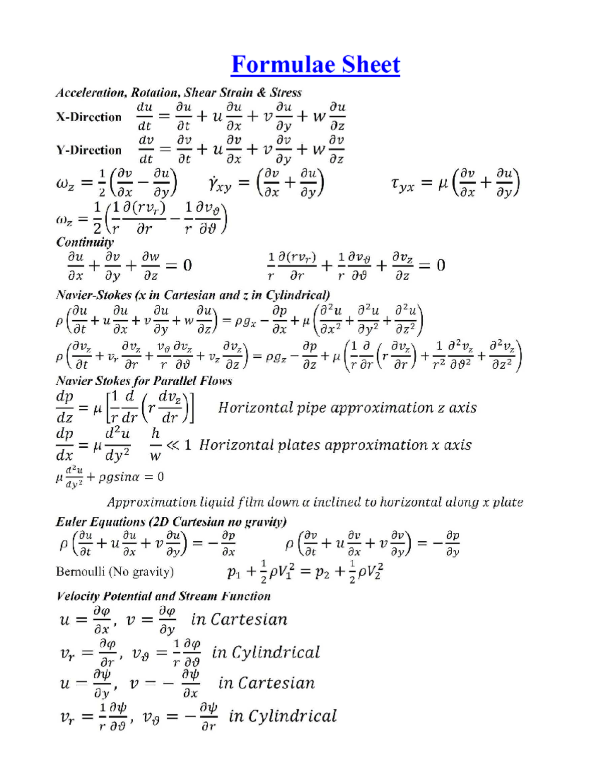 Mid Term Formulae Sheet: Acceleration, Rotation, and Fluid Dynamics ...