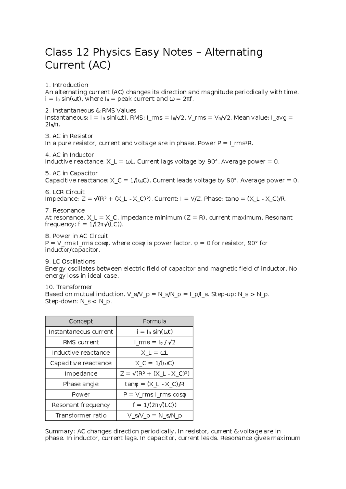 Class 12 Physics Easy Notes: Alternating Current (AC) Overview - Studocu