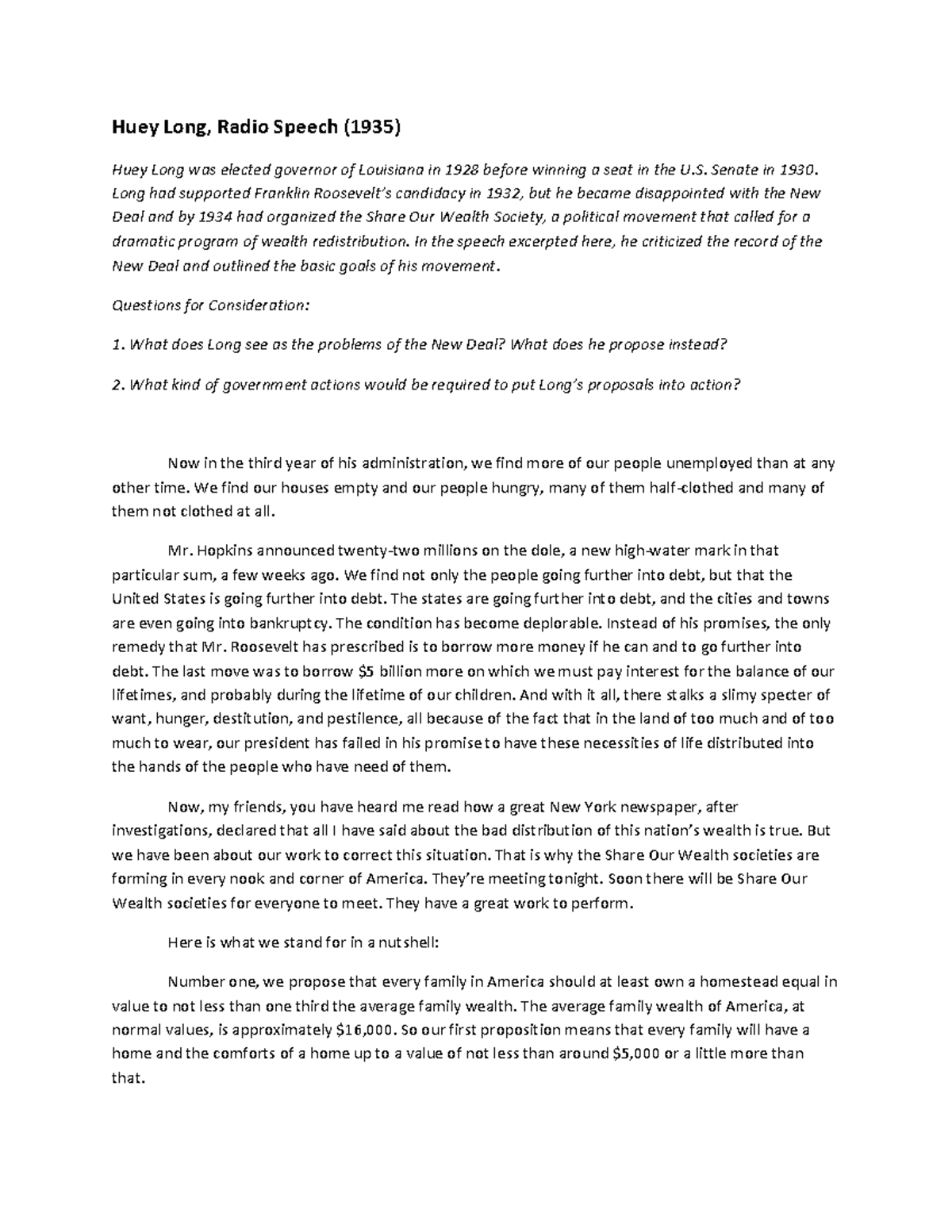 Huey Long's 1935 Critique of the New Deal and Wealth Redistribution ...