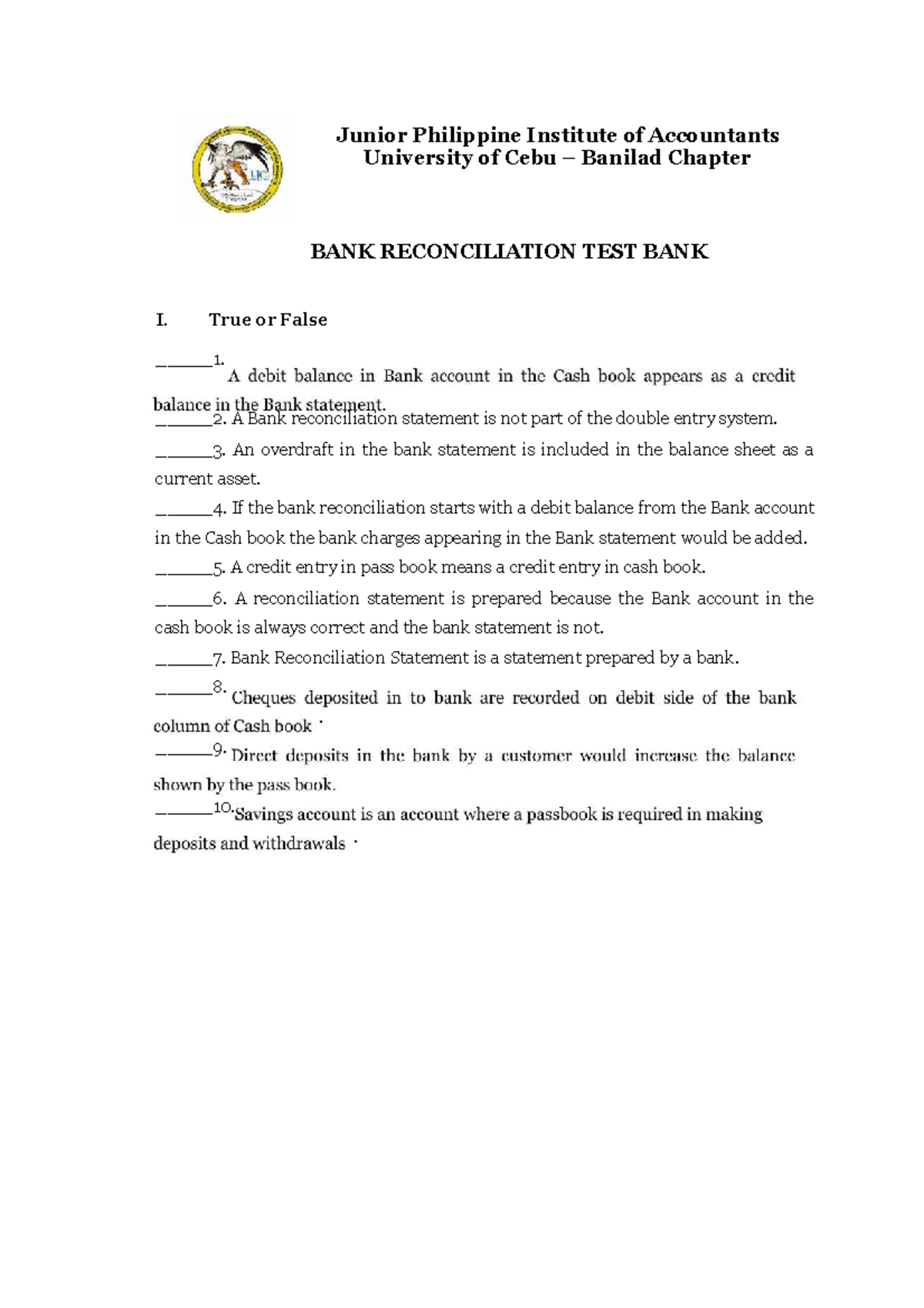 Bank Reconciliation Test Bank for Accountancy Course (ACC 101) - Studocu