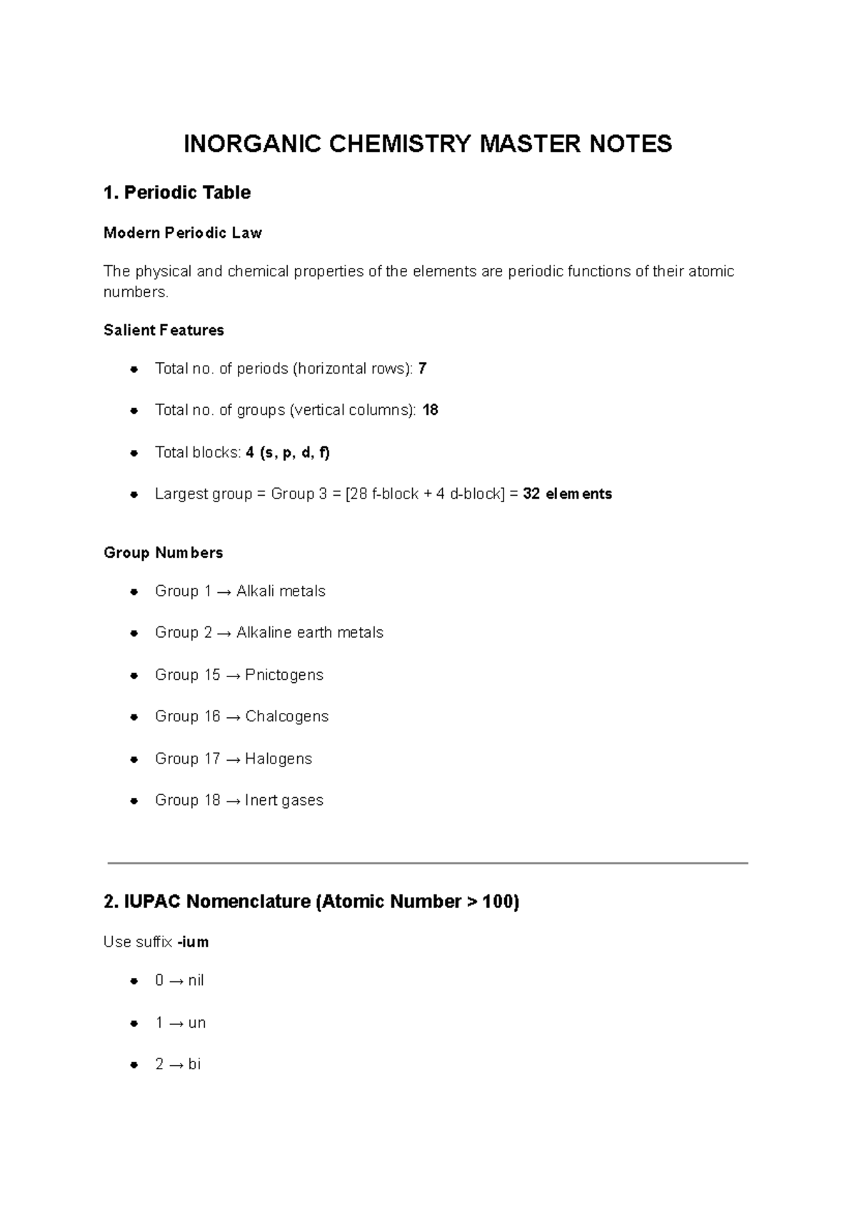 Inorganic Chemistry Master Notes: Periodic Table & Key Concepts - Studocu