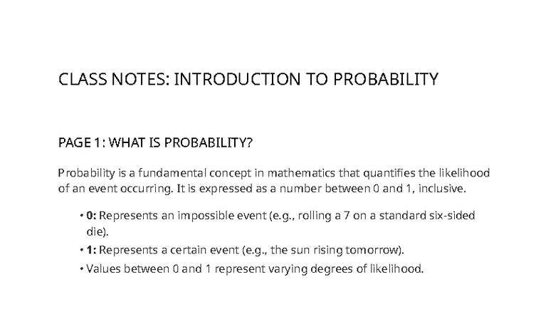 CLASS NOTES: INTRODUCTION TO PROBABILITY (MATH 101) - Studocu