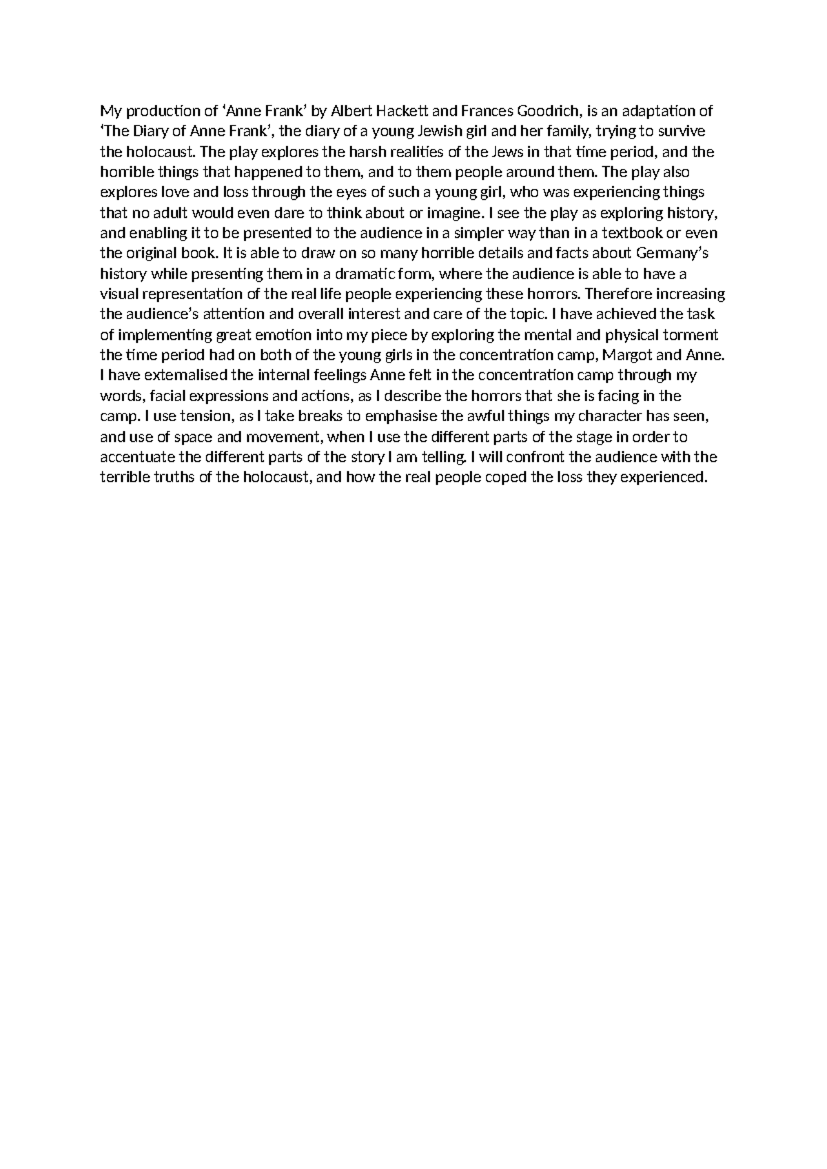 Drama Rationale: Adapting "Diary of Anne Frank" for Stage - Studocu