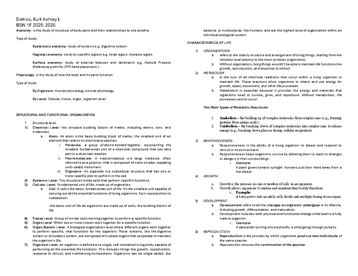 Ana Phy Chapter 1: Structure and Function of the Human Organism - Studocu