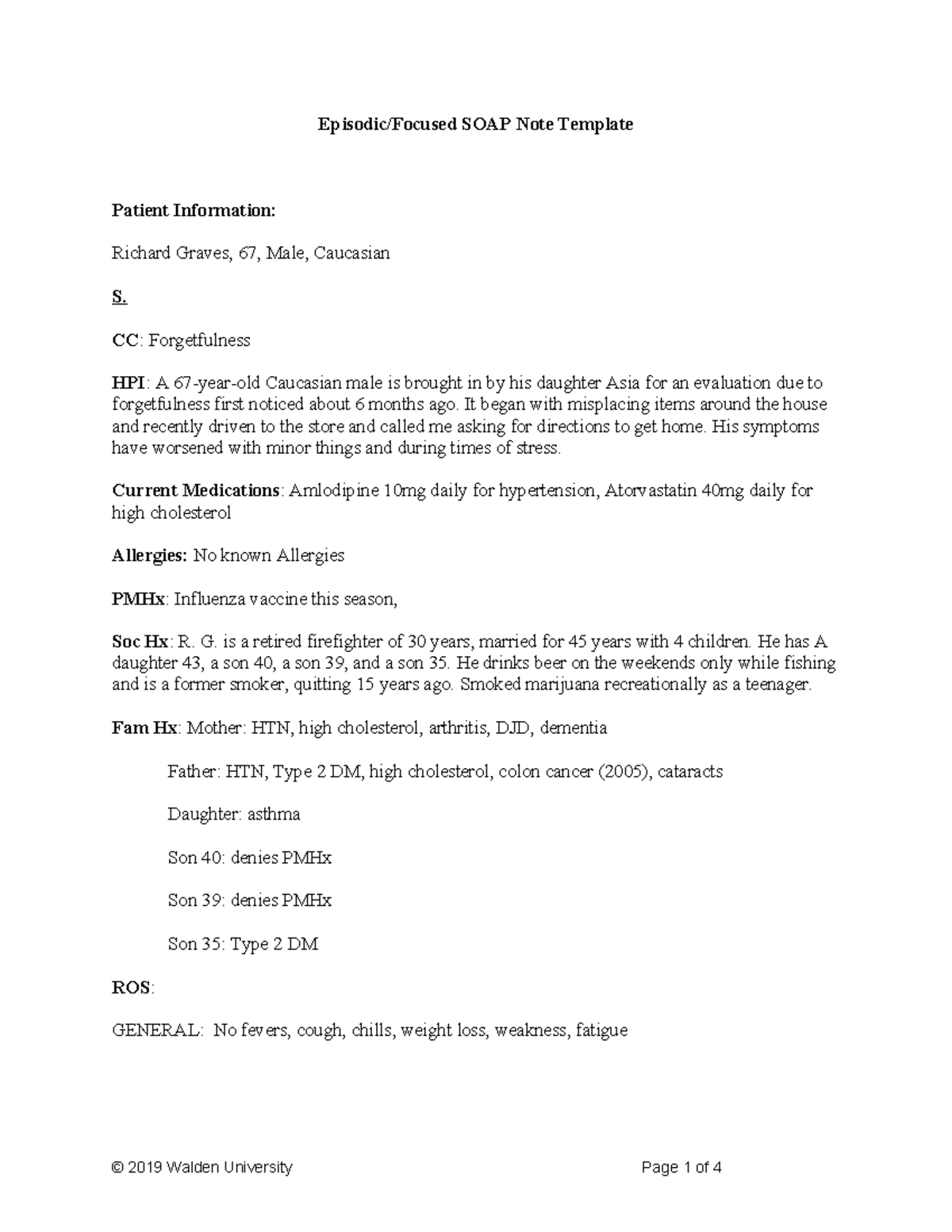 NURS 6512 Week 9 SOAP Note Assignment - Patient Evaluation Case Study ...