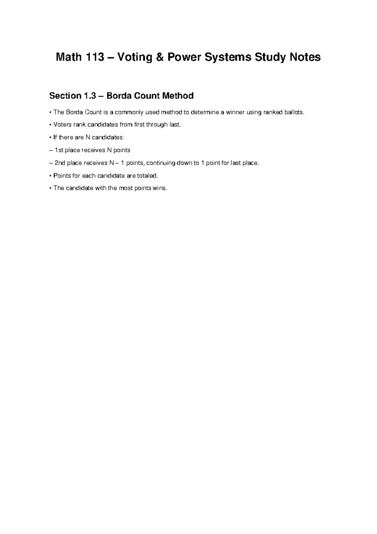 Math 113 – Voting & Power Systems Study Notes - Studocu