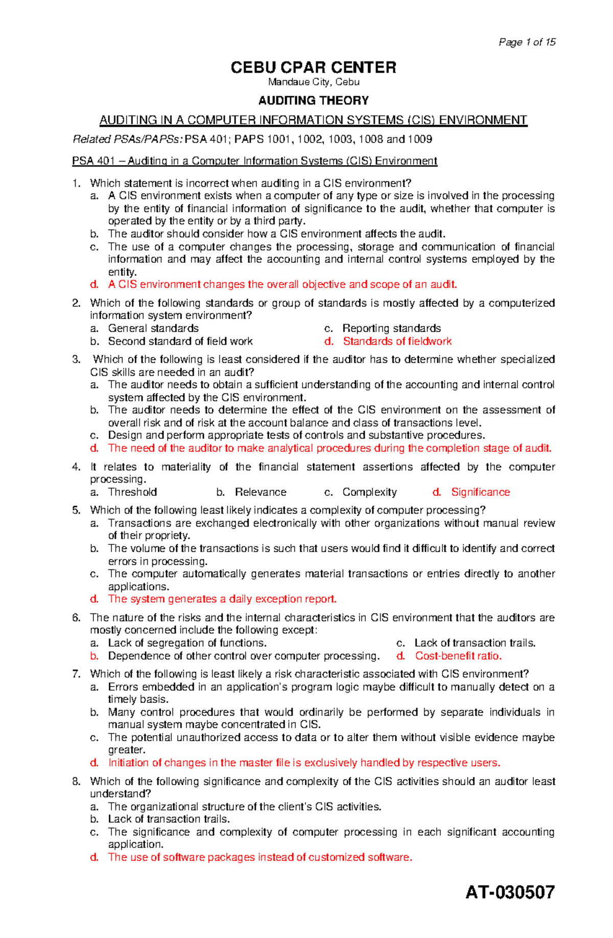 AT 04 Auditing in a Computer Information Systems (CIS) Environment ...