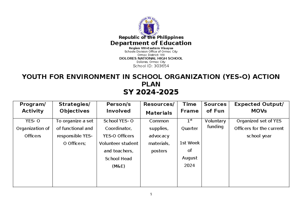 YES-O Action Plan for SY 2024-25: Strategies and Activities - Studocu