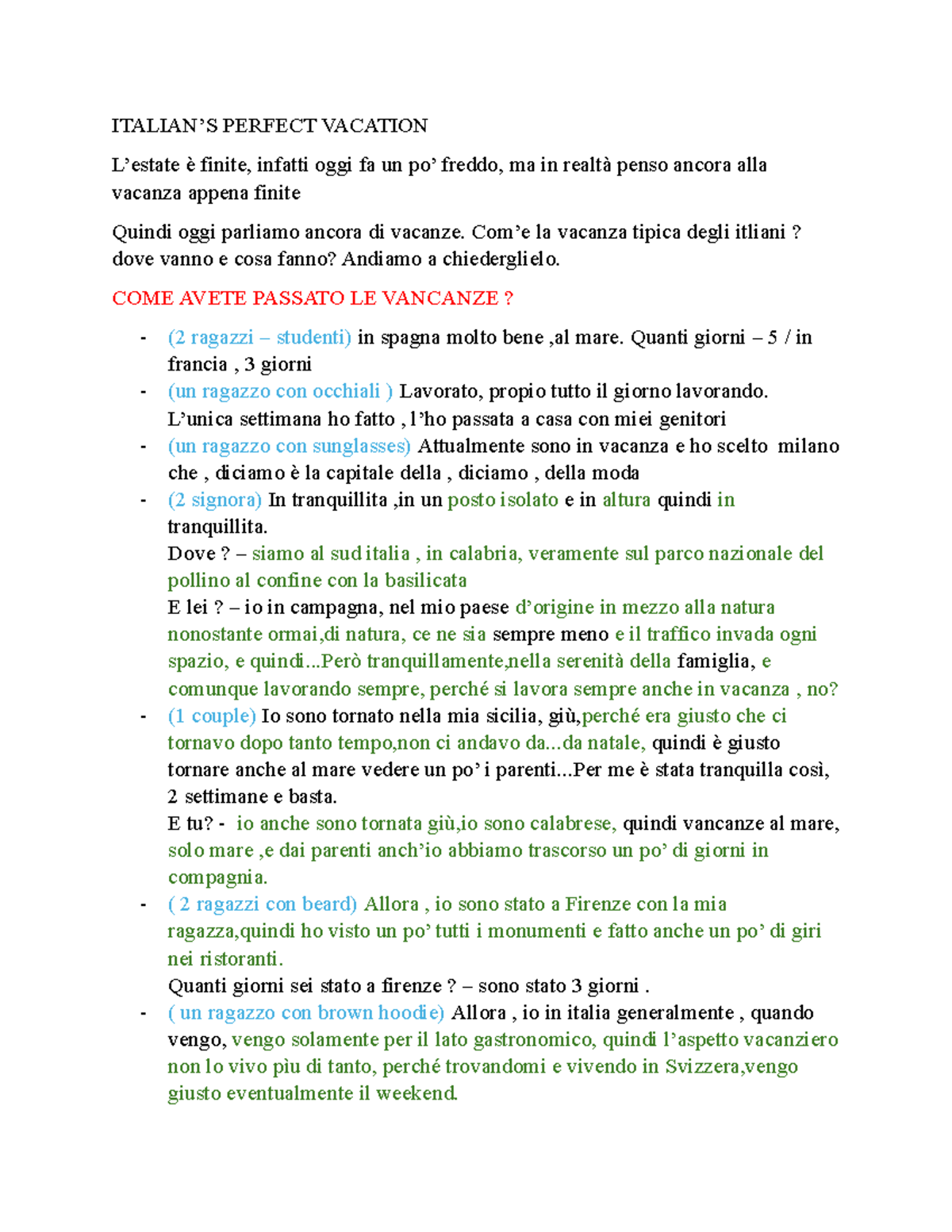 Italian Vacanze: Discussioni sulla Cultura e le Tradizioni Estive - Studocu