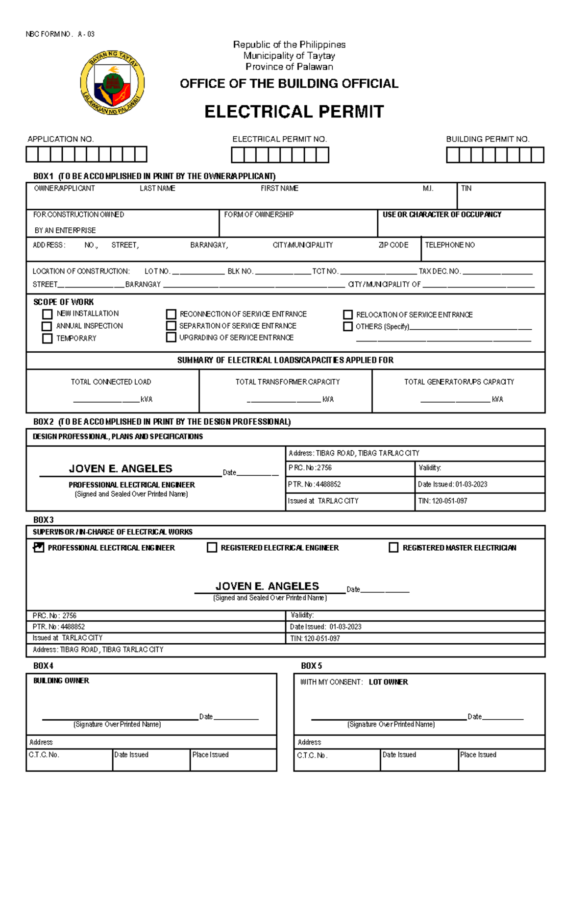 Electrical-Permit-Form taytay palawan - NBC FORM NO. A - 03 Republic of ...