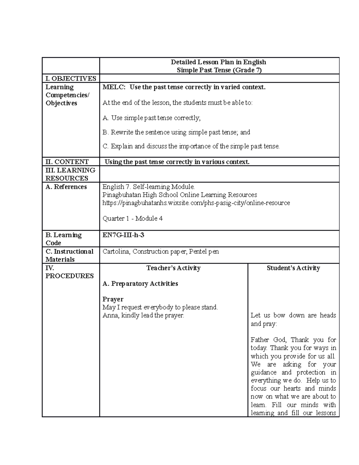 Detailed Lesson Plan on Simple Past Tense for EN7G-III-h - Studocu