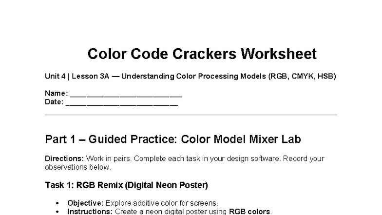 Color Code Crackers Worksheet Unit 4 Lesson 3A: Color Processing Models ...