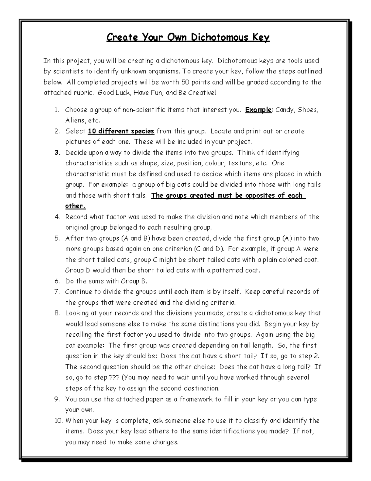 Create Your Own Dichotomous Key Activity (50 pts) - Studocu