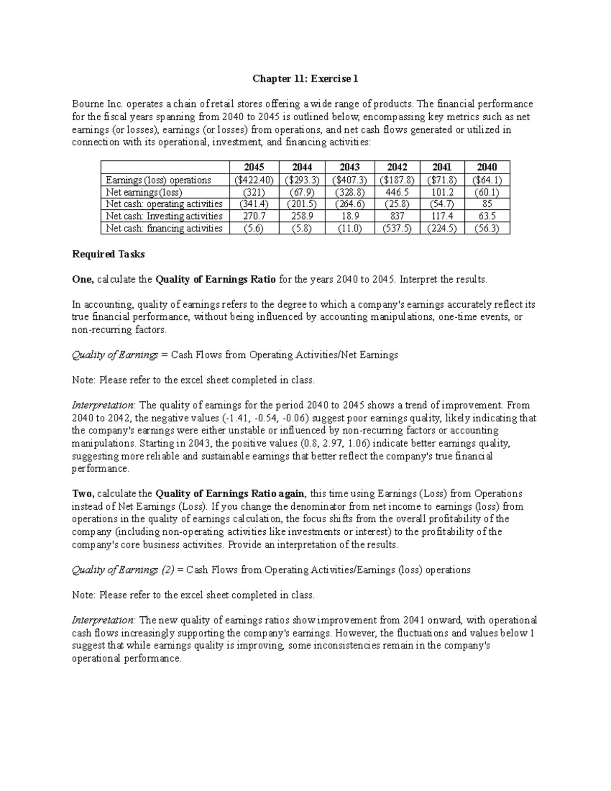 Ch 11 Ex 1 - Quality of Earnings Analysis & Interpretation - Studocu