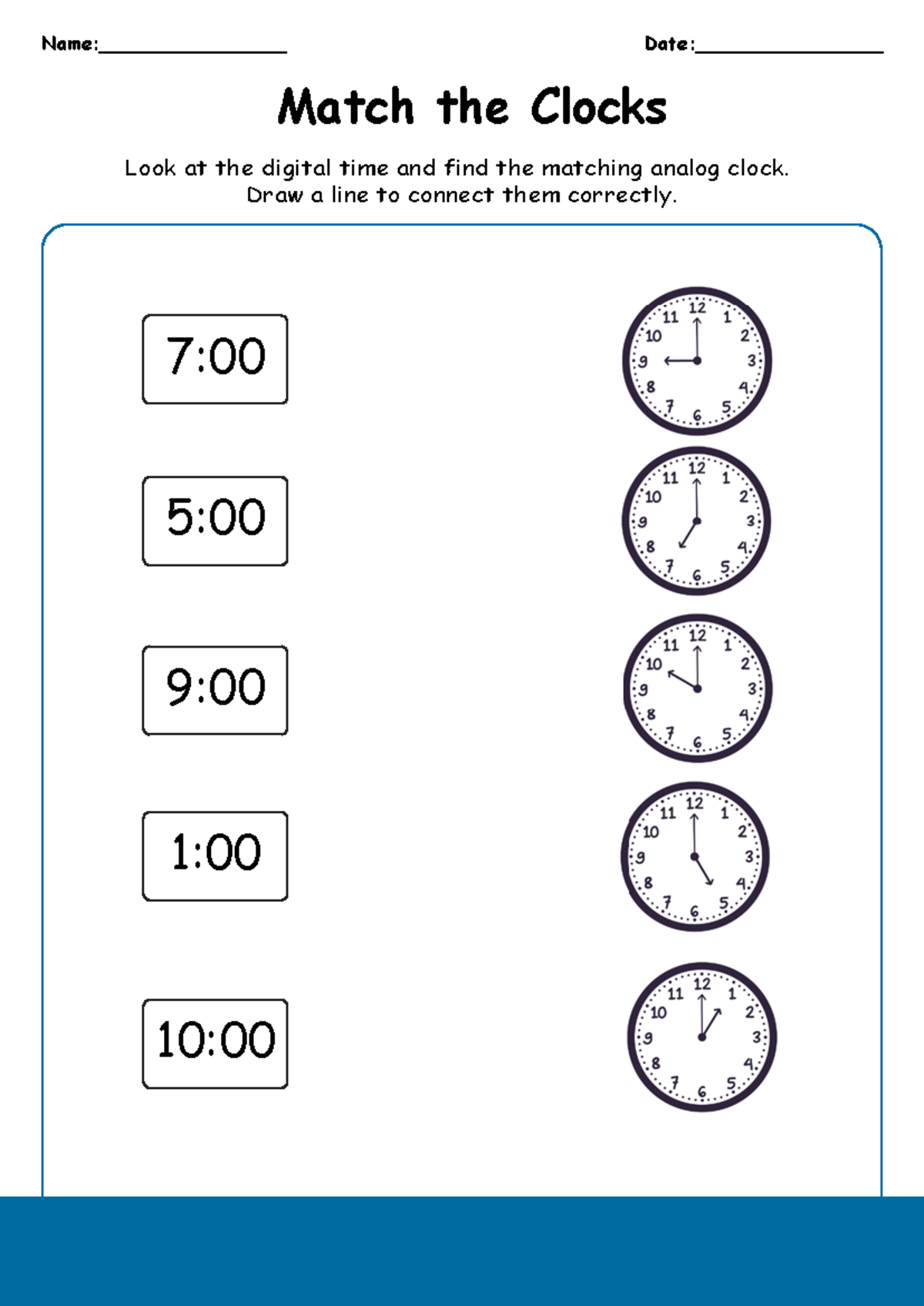 Matching Digital and Analog Clocks - 1st Grade Worksheet - Name: Look ...