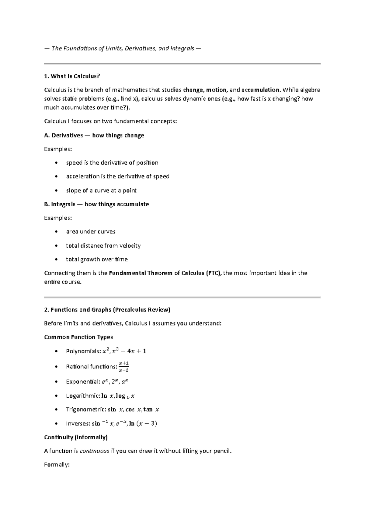 HKU MA1011 Calculus I: Foundations of Limits, Derivatives, and ...