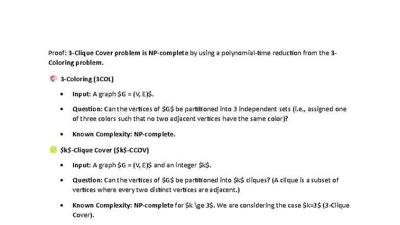3CC to 3C Reduction - Proof: 3 - Clique Cover problem is NP-complete by ...