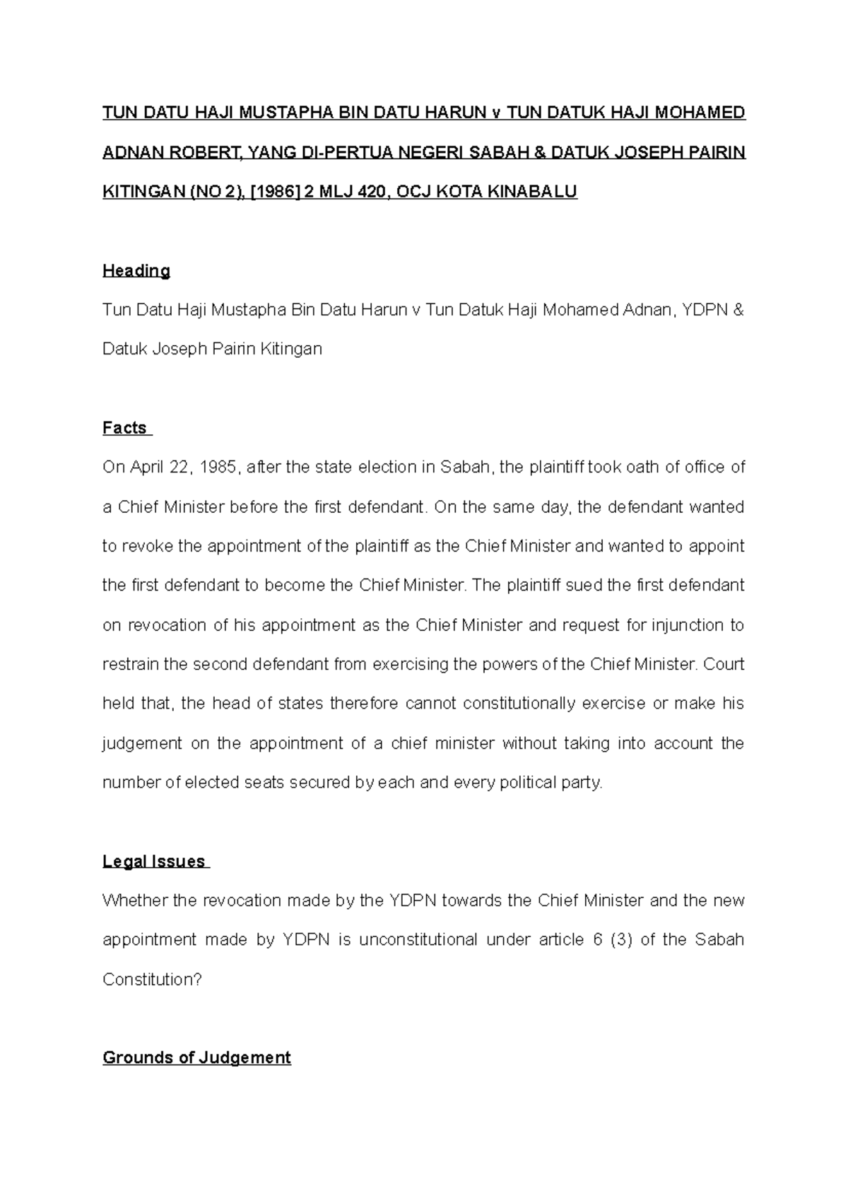 Tun Datu Haji Mustapha Bin Datu Harun v Tun Datuk Haji Mohamed Adnan ...