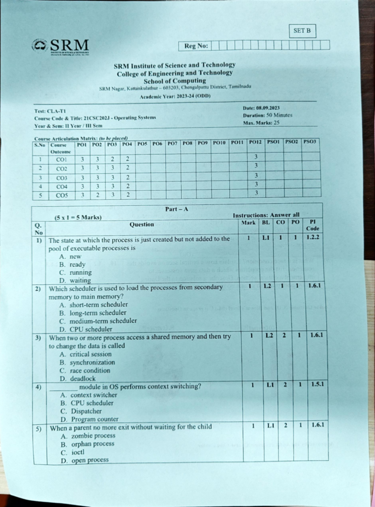 Emailing SET B - operating system (21CSC202J) pyq - SET B SRM Reg No ...