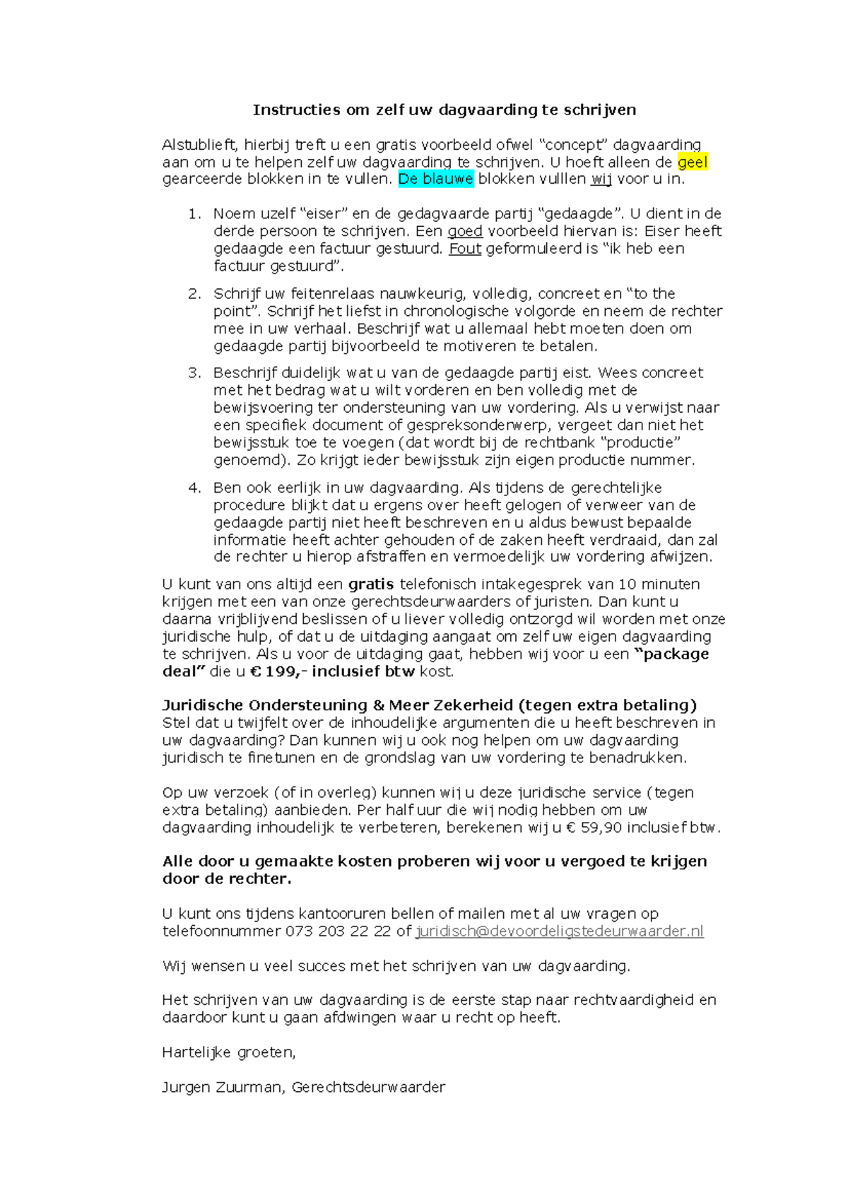 Gratis Voorbeeld Dagvaarding met Schrijfinstructies voor Eiser ...
