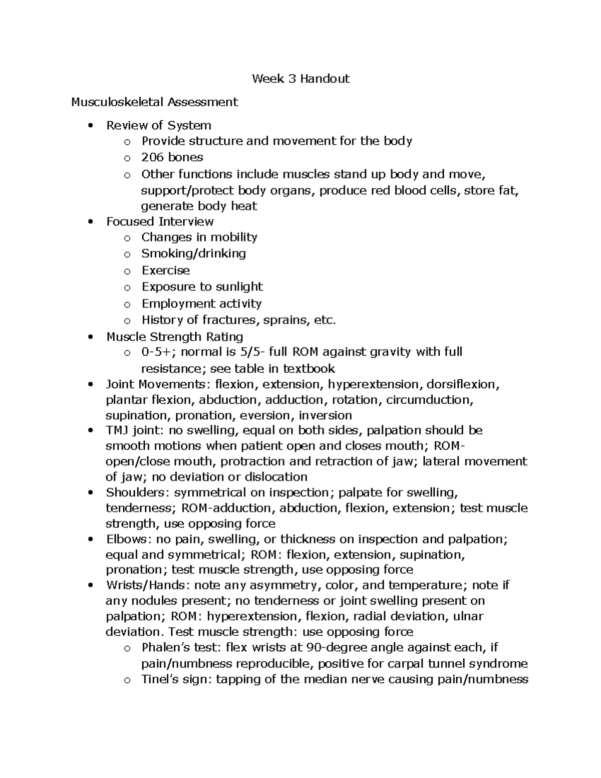 Week 6 Handout: Musculoskeletal Assessment Review - Studocu