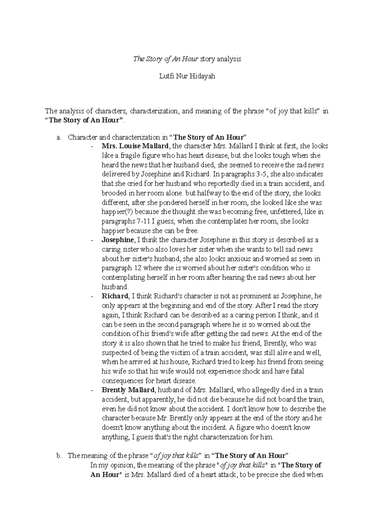 ENGL 101: "The Story of An Hour" - Character Analysis & Themes - Studocu