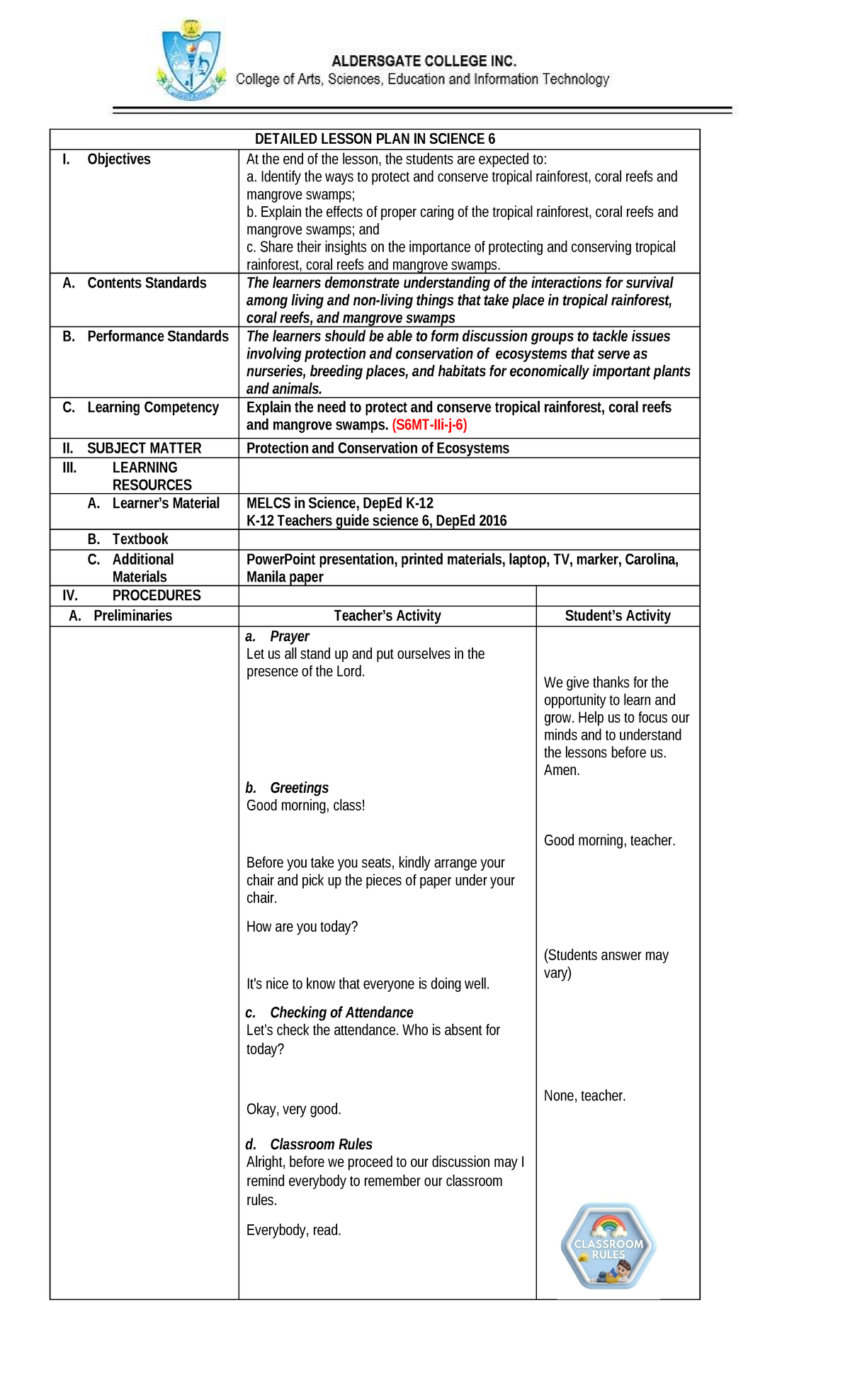 1st Local Demo LP - Detailed Lesson Plan on Ecosystem Conservation in ...
